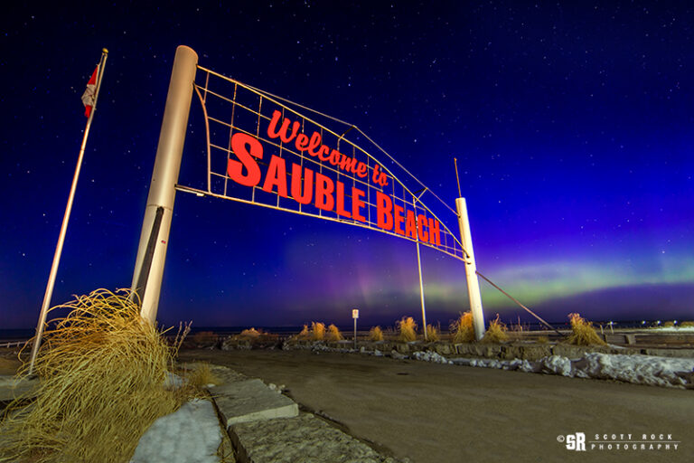 Sauble Lights // Northern Lights over Sauble Beach Sign on Lake Huron